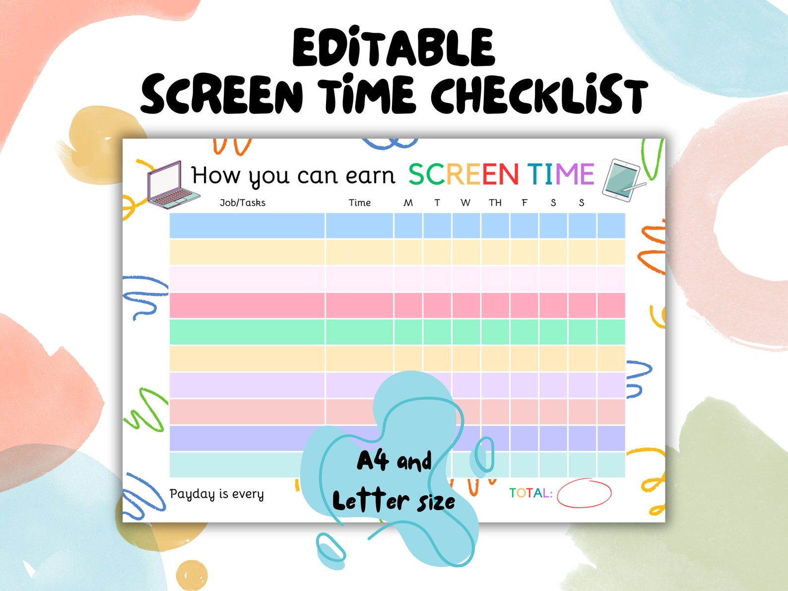 Screen Time Chart Checklist, Editable Printable Screen Time Chore Chart ...