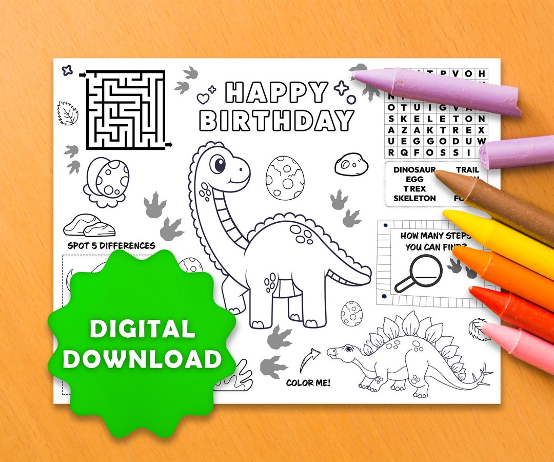 Printable Dinosaur Coloring Placemat, Kids Dinosaurs Activity Table Mat ...