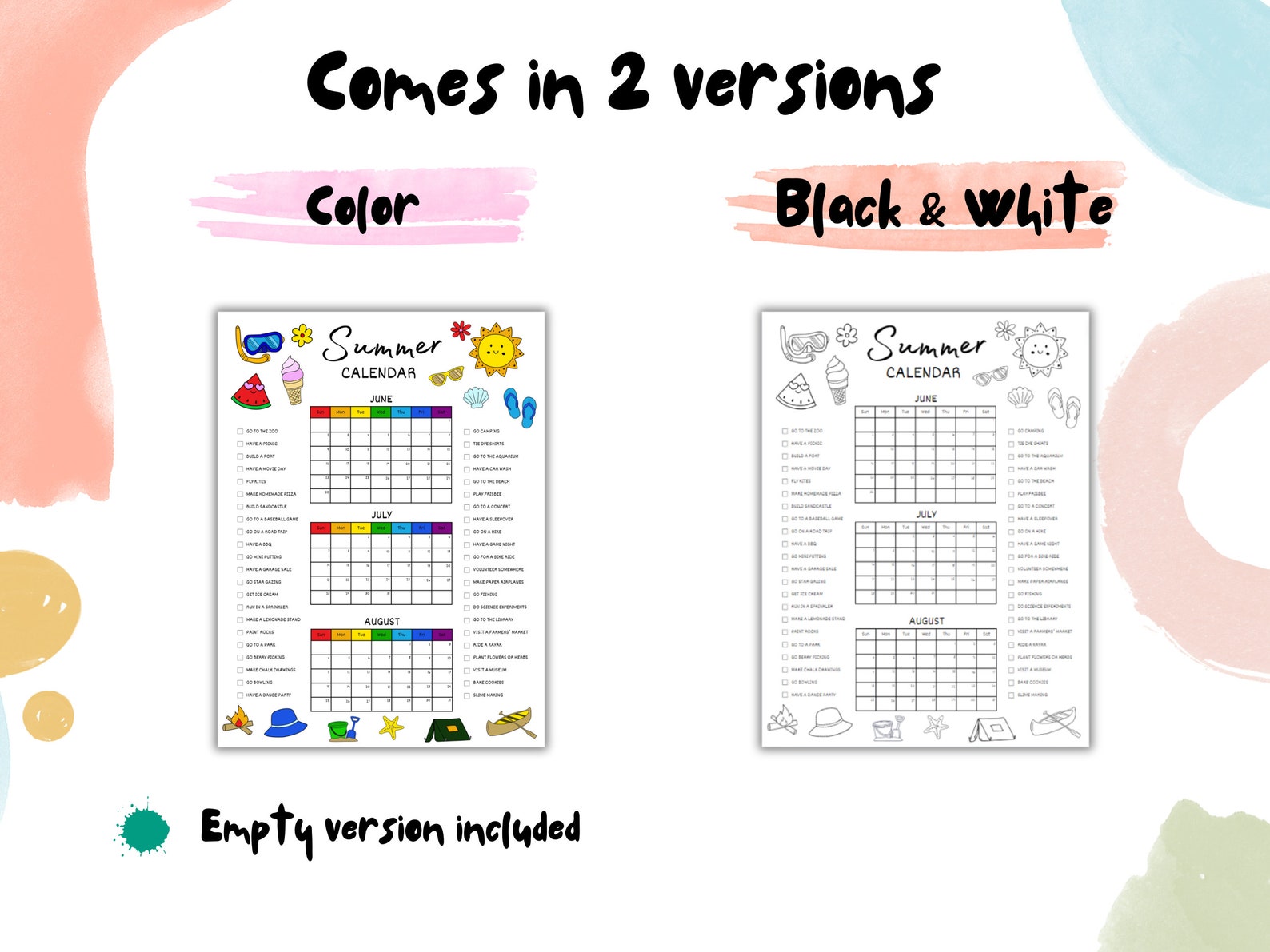 Summer Calendar Poster Printables Summer Fun Bucket List Family Planner ...