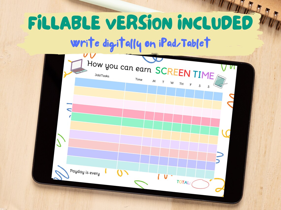 Screen Time Chart Checklist, Editable Printable Screen Time Chore Chart ...