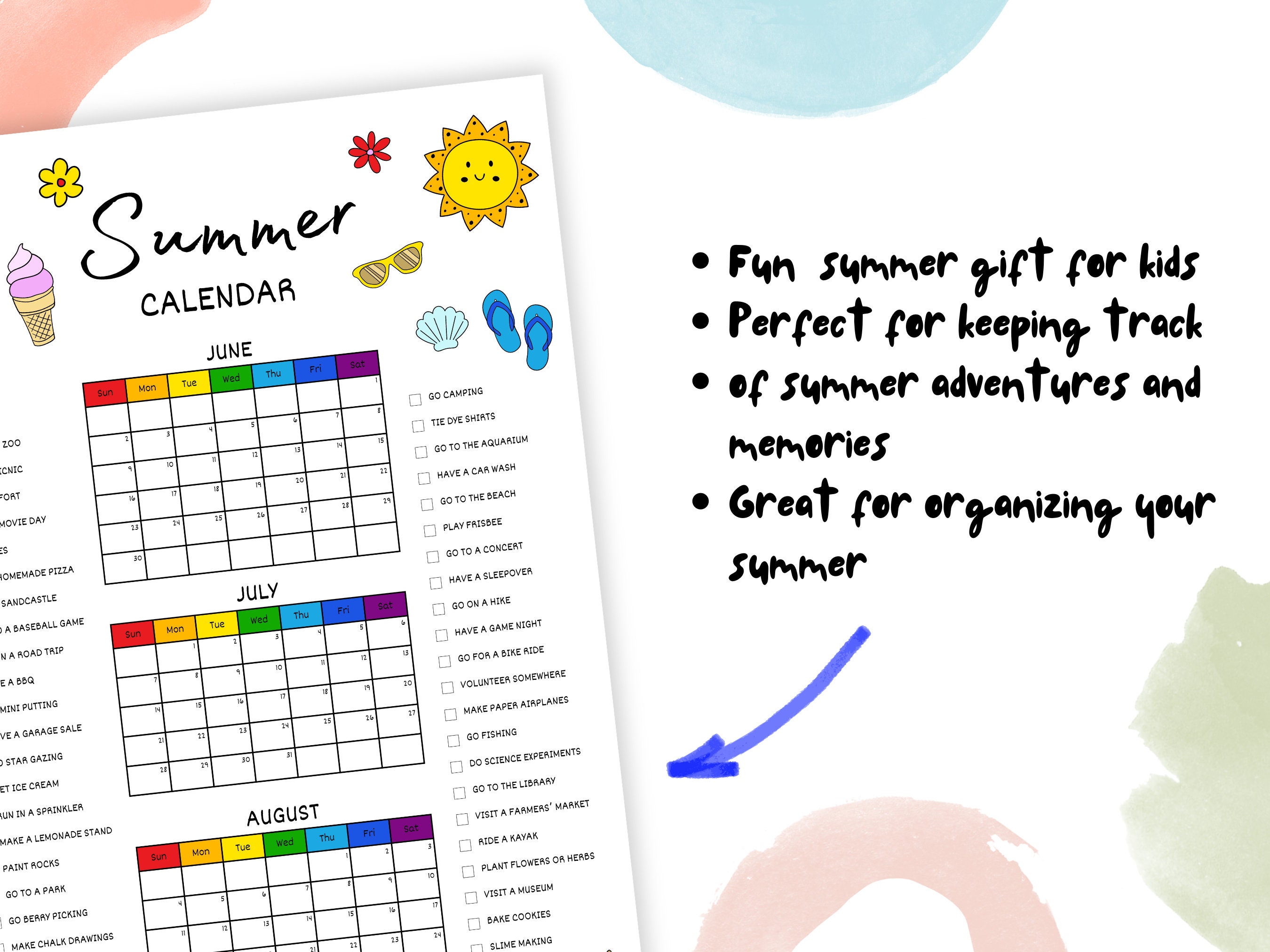 Summer Calendar Poster Printables Summer Fun Bucket List Family Planner ...