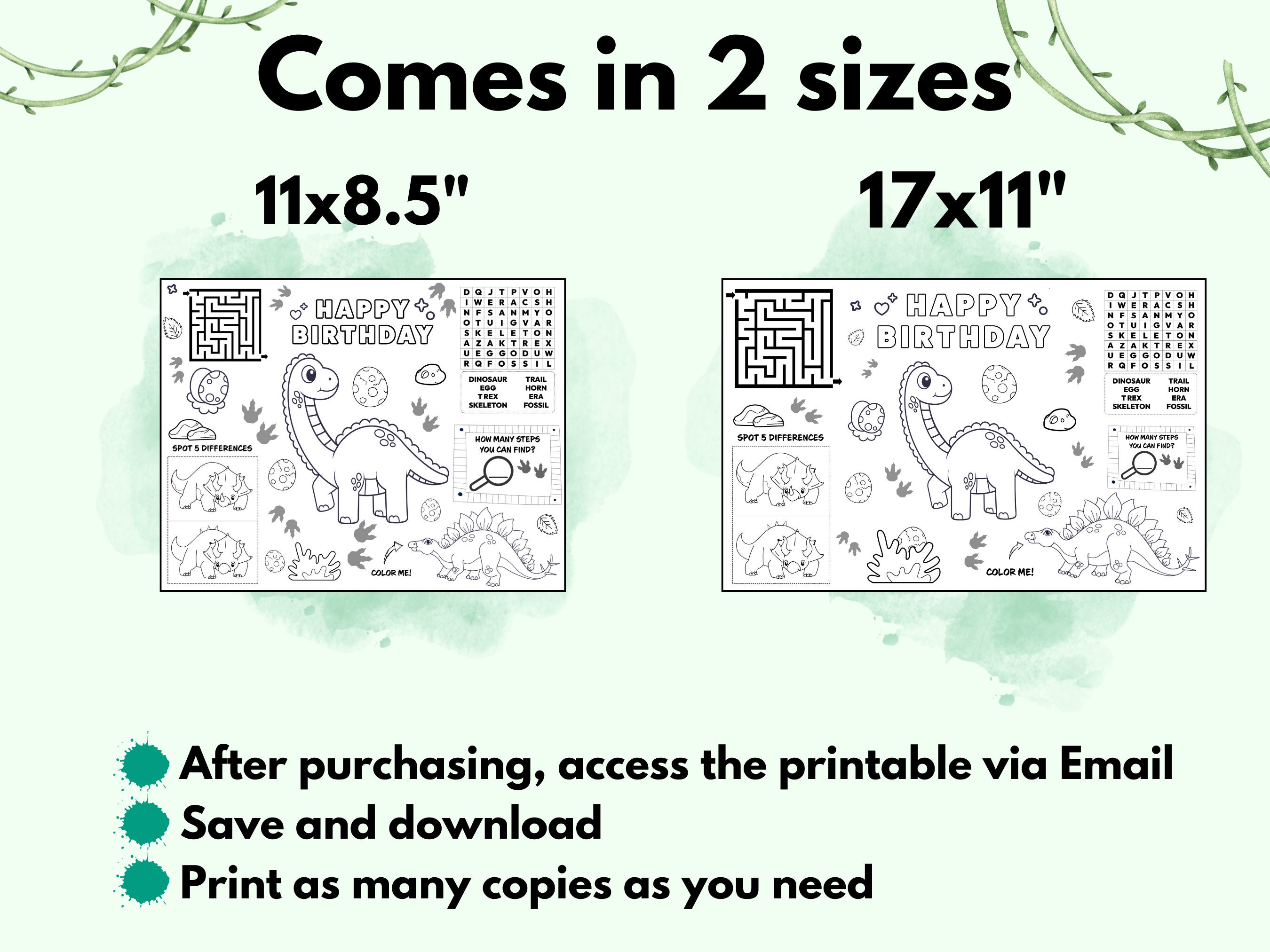 Printable Dinosaur Coloring Placemat, Kids Dinosaurs Activity Table Mat ...