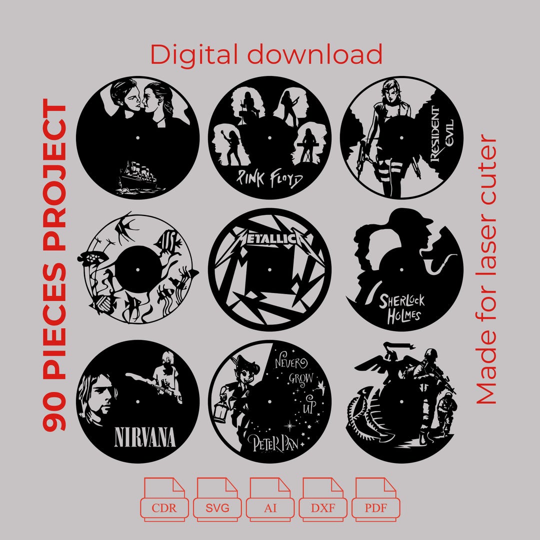 90 Designs Laser Cut Files for Wall Decor | Vinyl Record Clock SVG DXF ...