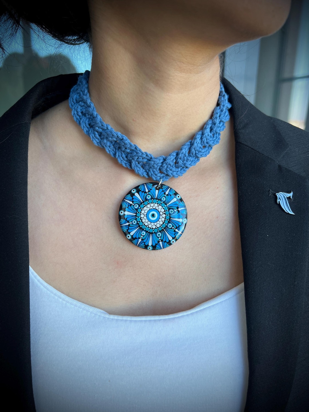 Hand-painted Evil Eye Dot Mandala Pendant Paired With a Crochet ...