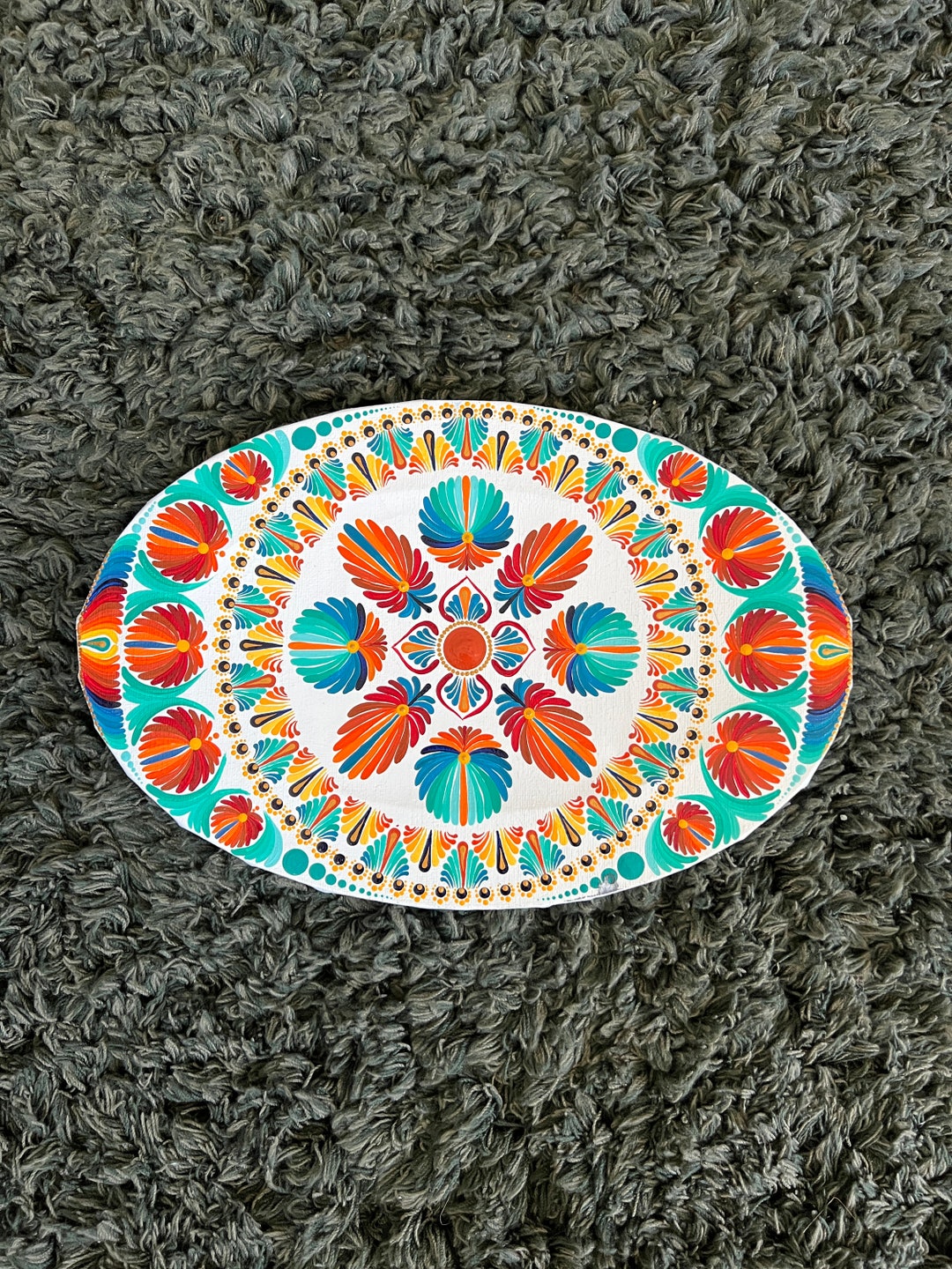 11.7" Acrylic Hand-painted Oval Shaped Canvas Dot Mandala - Boho Wall ...