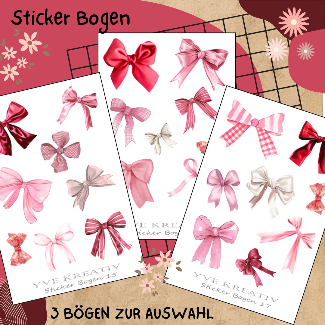 Pink and Red Ribbon Stickers for Gift Wrapping. Set of 3 Sticker Sheets ...