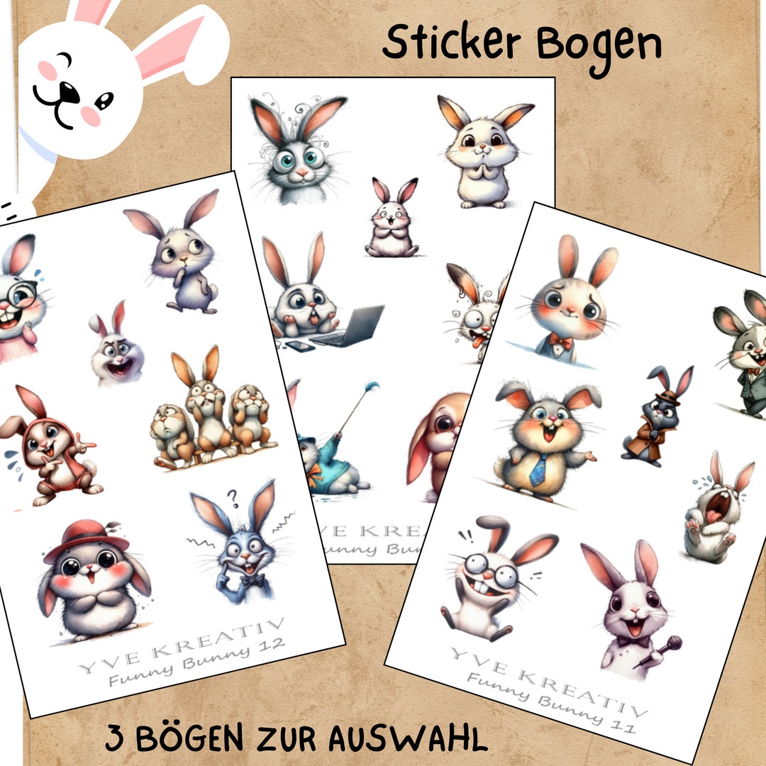 Stickers, Sticker Sheets, Rabbits, Funny Bunny Sticker Set 3 Sticker ...
