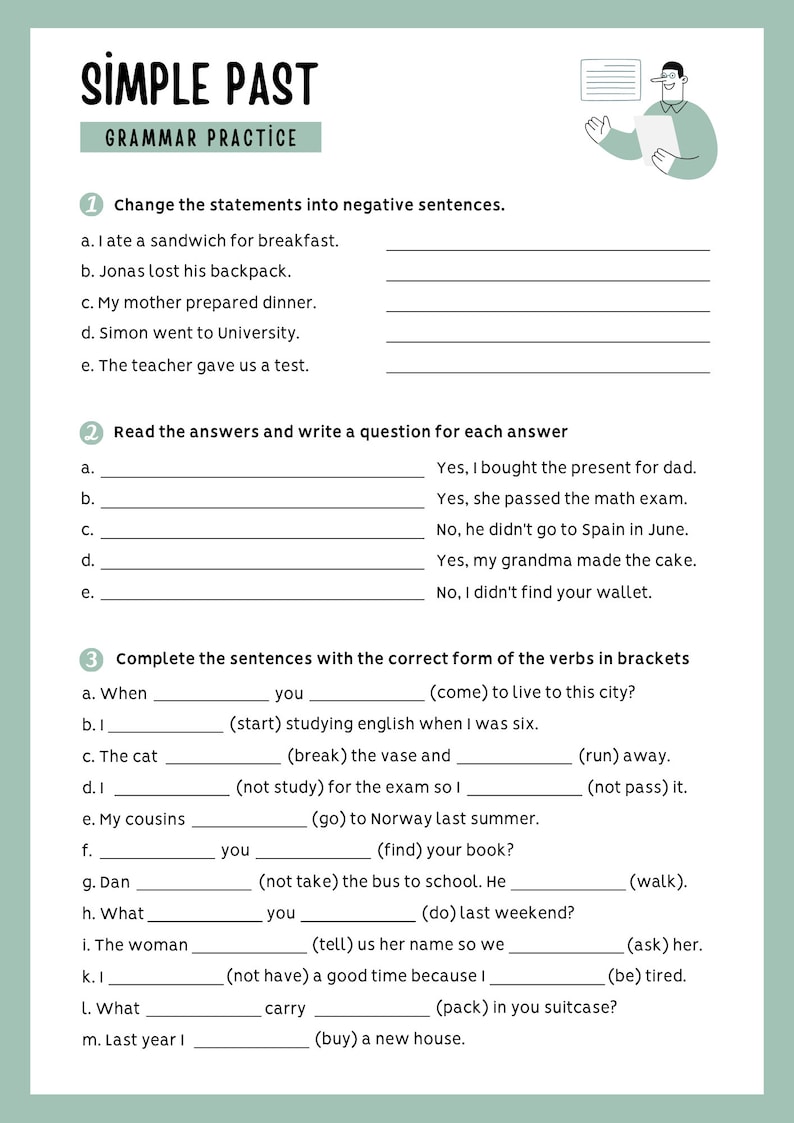 White Pastel Green Simple Past Grammar Practice Worksheet, A4, 10 Pages ...