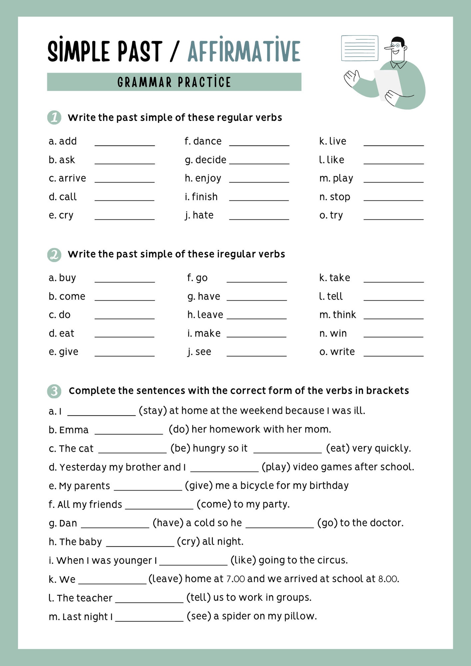 White Pastel Green Simple Past Grammar Practice Worksheet, A4, 10 Pages ...