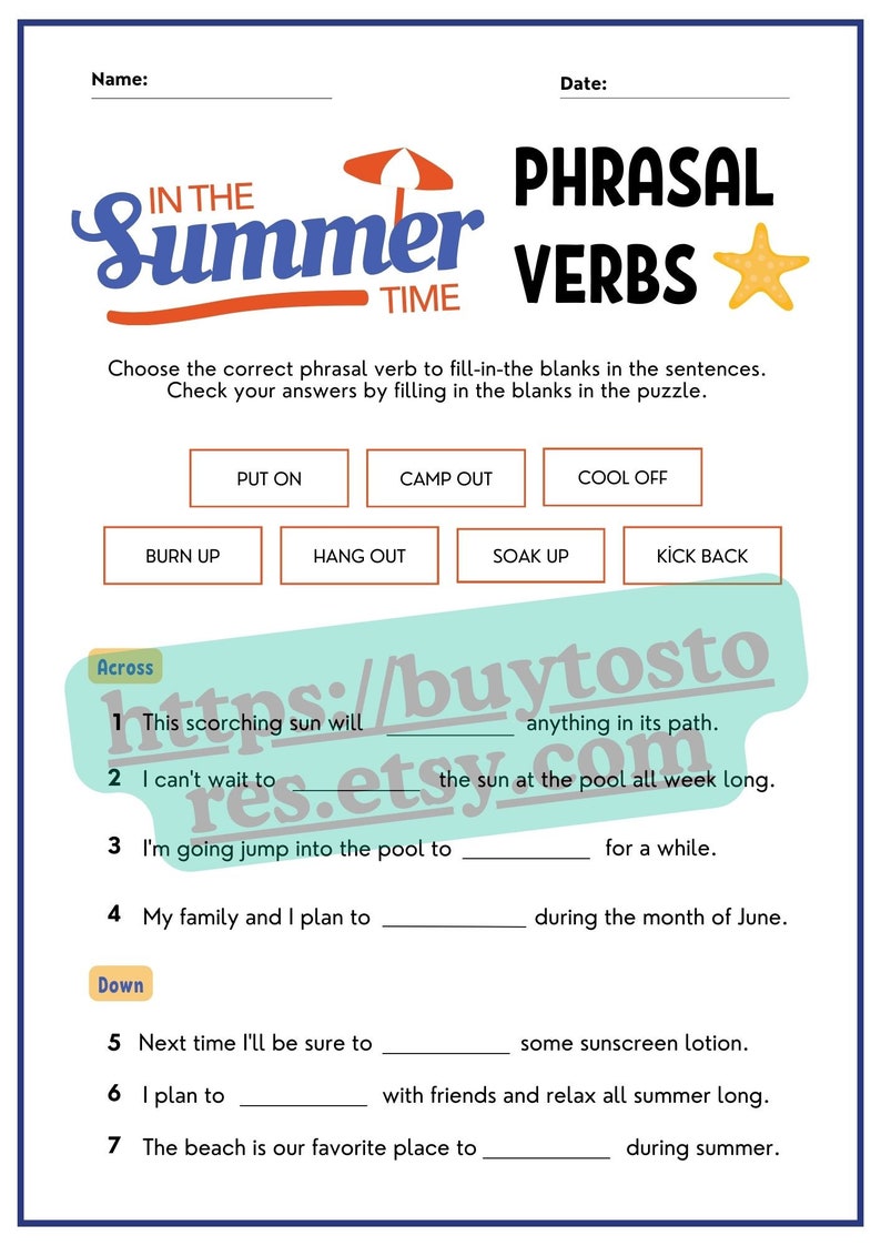 Color and Greyscale Summer Phrasal Verbs Crossword Puzzle Printable ...