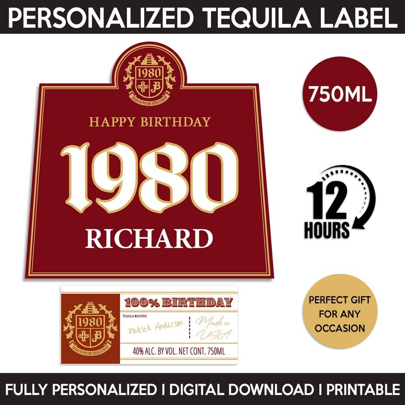 1800 Tequila Reposado Label, Custom Tequila Label, Personalized ...