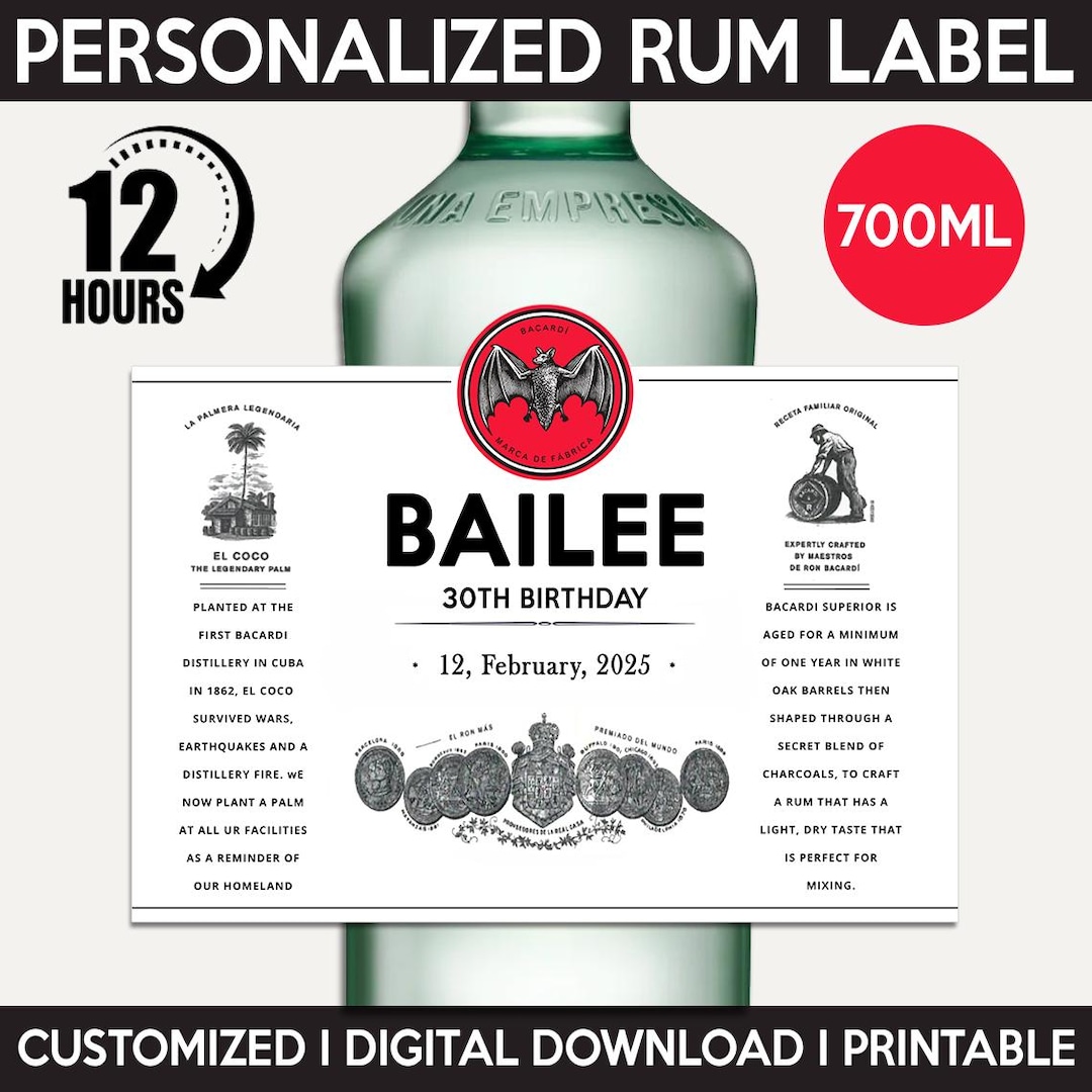 Bacardi Rum Label, Personalized and Printable Template, Digital ...