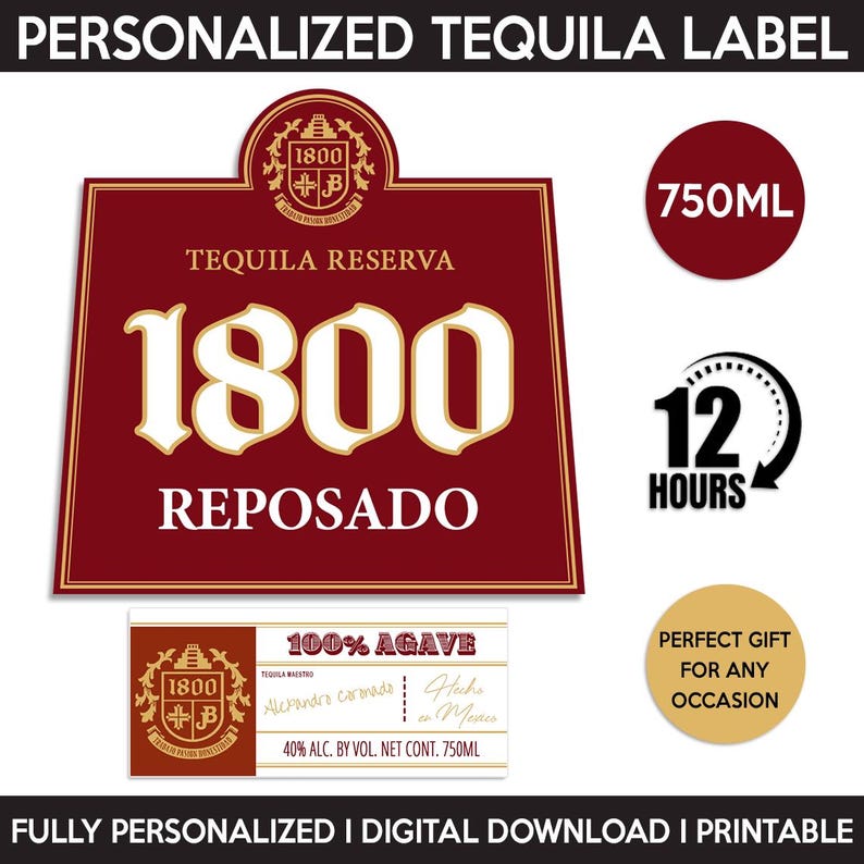 1800 Tequila Reposado Label, Custom Tequila Label, Personalized ...