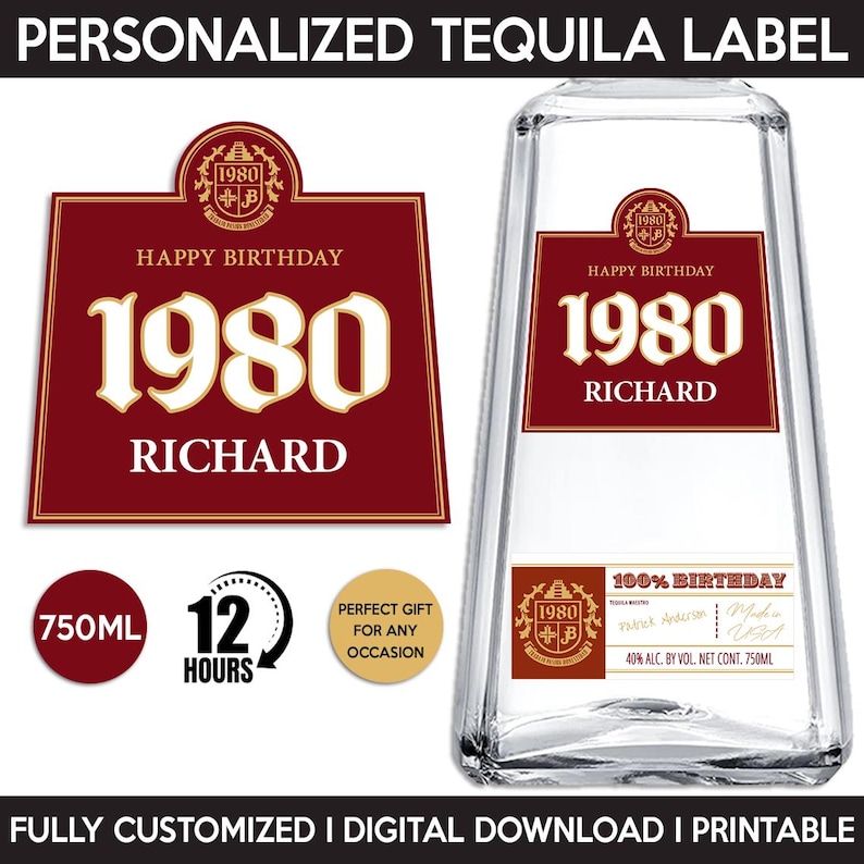 1800 Tequila Reposado Label, Custom Tequila Label, Personalized ...