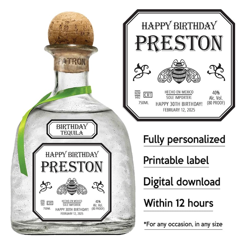 Patrón Tequila Label Replica, Custom Tequila Label, Personalized ...
