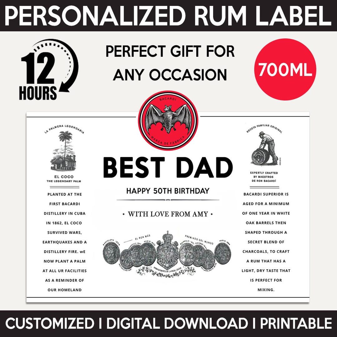 Bacardi Rum Label , Personalized and Printable Template, Digital ...