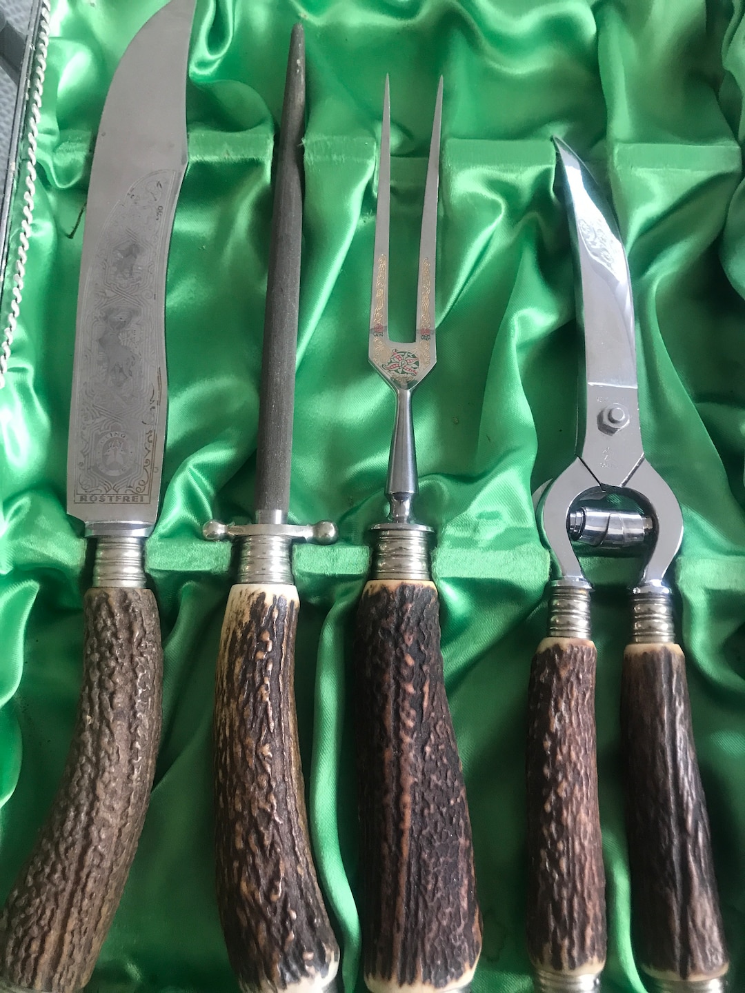 Antique Solingen Germany Rostfrei Stag Handle Carving Set 4 Pc - Etsy