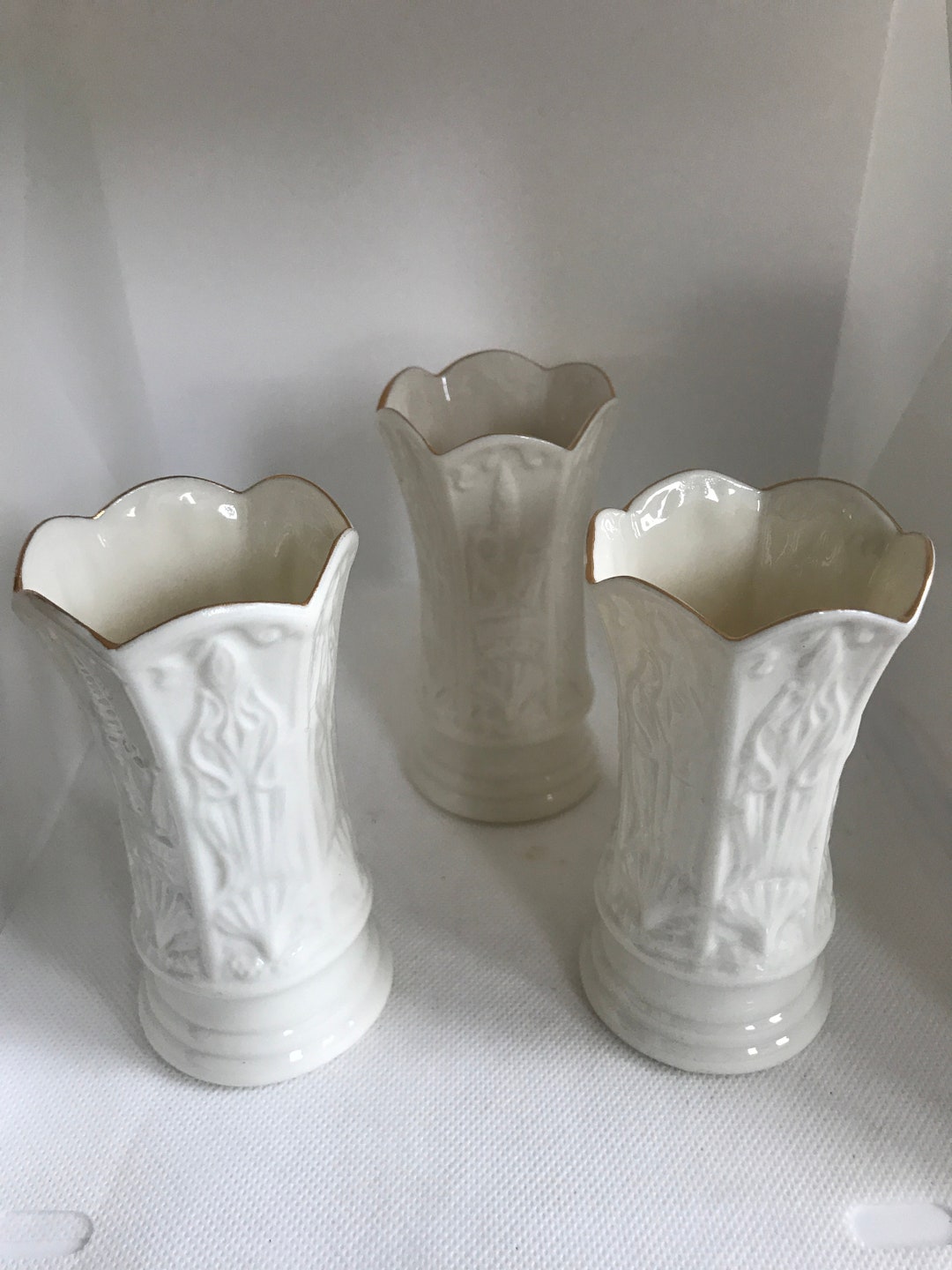 3 Belleek 4” Spill Vases W/gold Accent Rim - Etsy