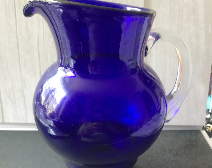 Vintage Colbalt Blue Art Glass Water Pitcher With Attached Clear Handle ...