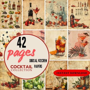 42 Pages Printable Vintage Kitchen Digital Paper, Cocktail Collection ...