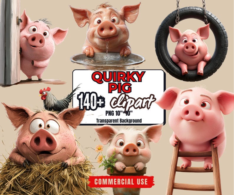 140+ Quirky Pig Clipart Bundle: Funny Animal Cartoon PNG Stickers ...