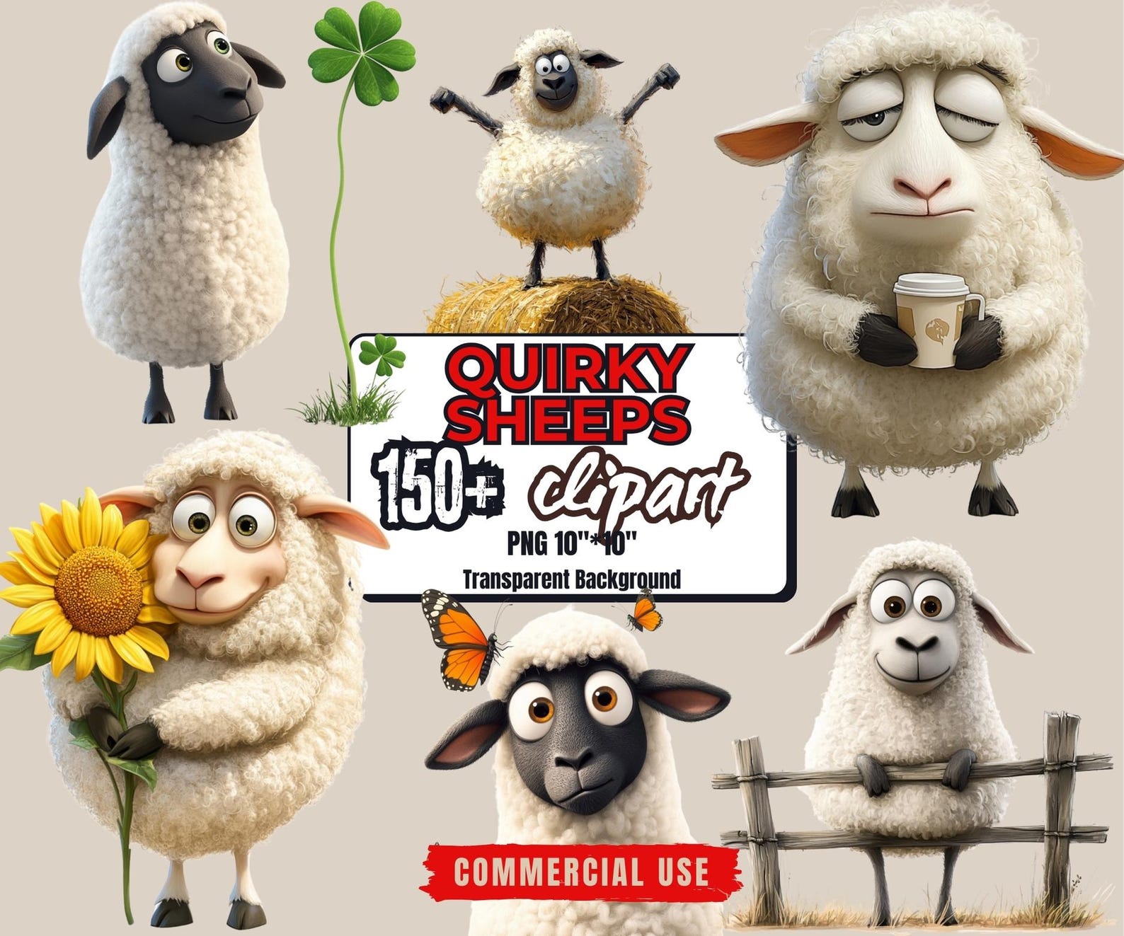 150+ Quirky Sheep Clipart Bundle: Funny Sheep Cartoon PNG Stickers ...