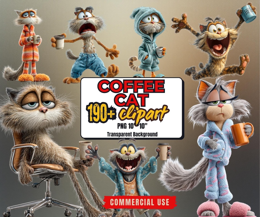 190+ Grumpy Coffee Cat Clipart Bundle: Funny Quirky Cat PNG ...