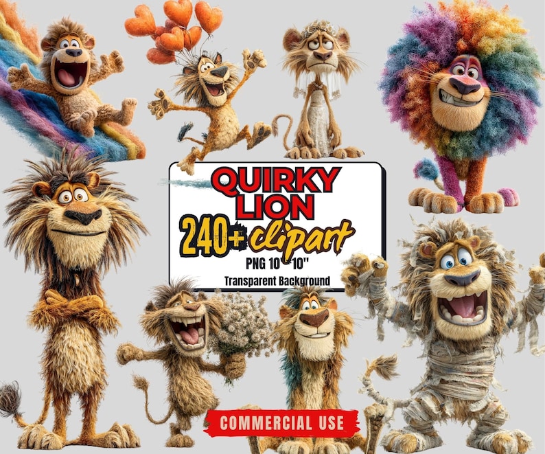 Funny Lion Clipart Bundle: Quirky Jungle Animal Pngs (commercial Use ...