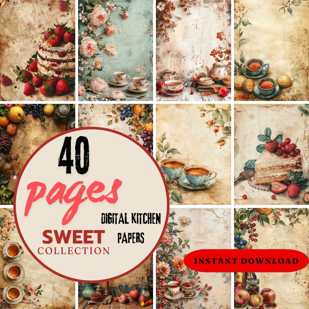 40 Pages Printable Vintage Cooking Kitchen Digital Paper, Sweet ...