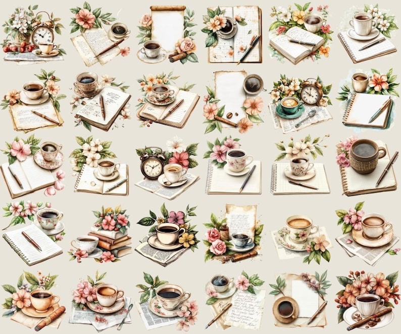 100 Vintage Coffee Clipart PNG Vintage Coffee Flowers and Books ...