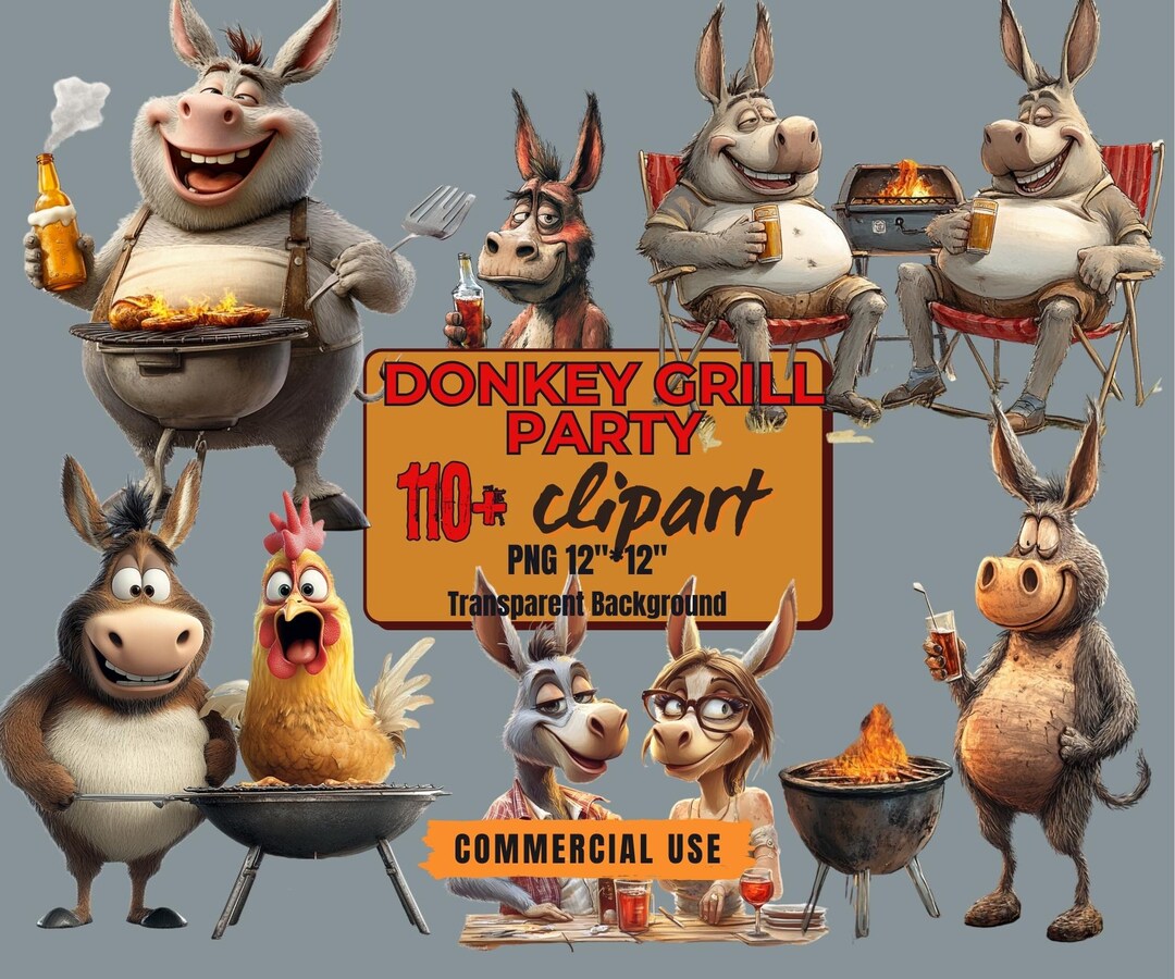 110+ Funny Donkey Grill Party Clipart: BBQ PNG Stickers (transparent ...