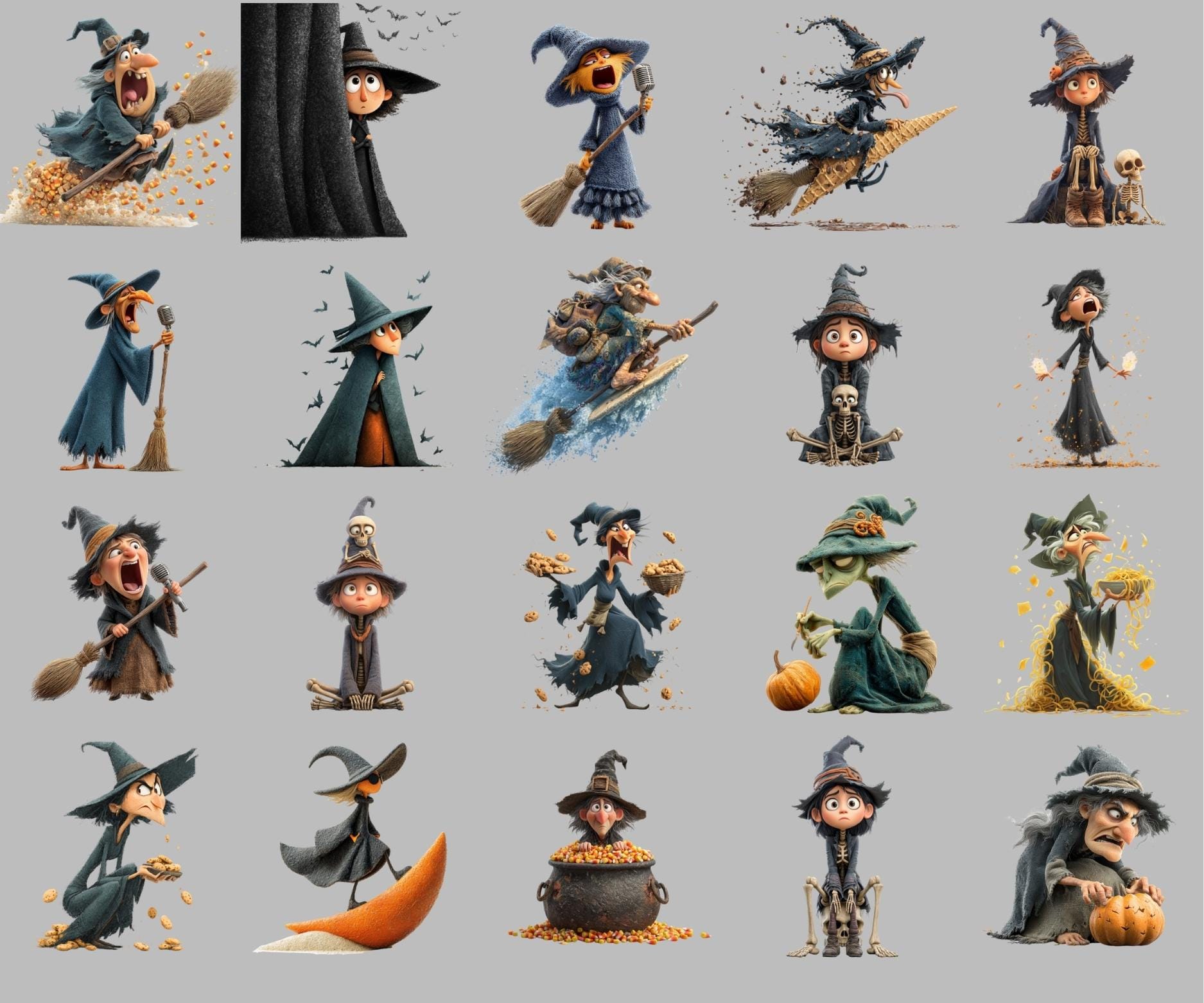 Funny Witch Clipart Bundle: Spooky Halloween PNG Stickers (commercial ...