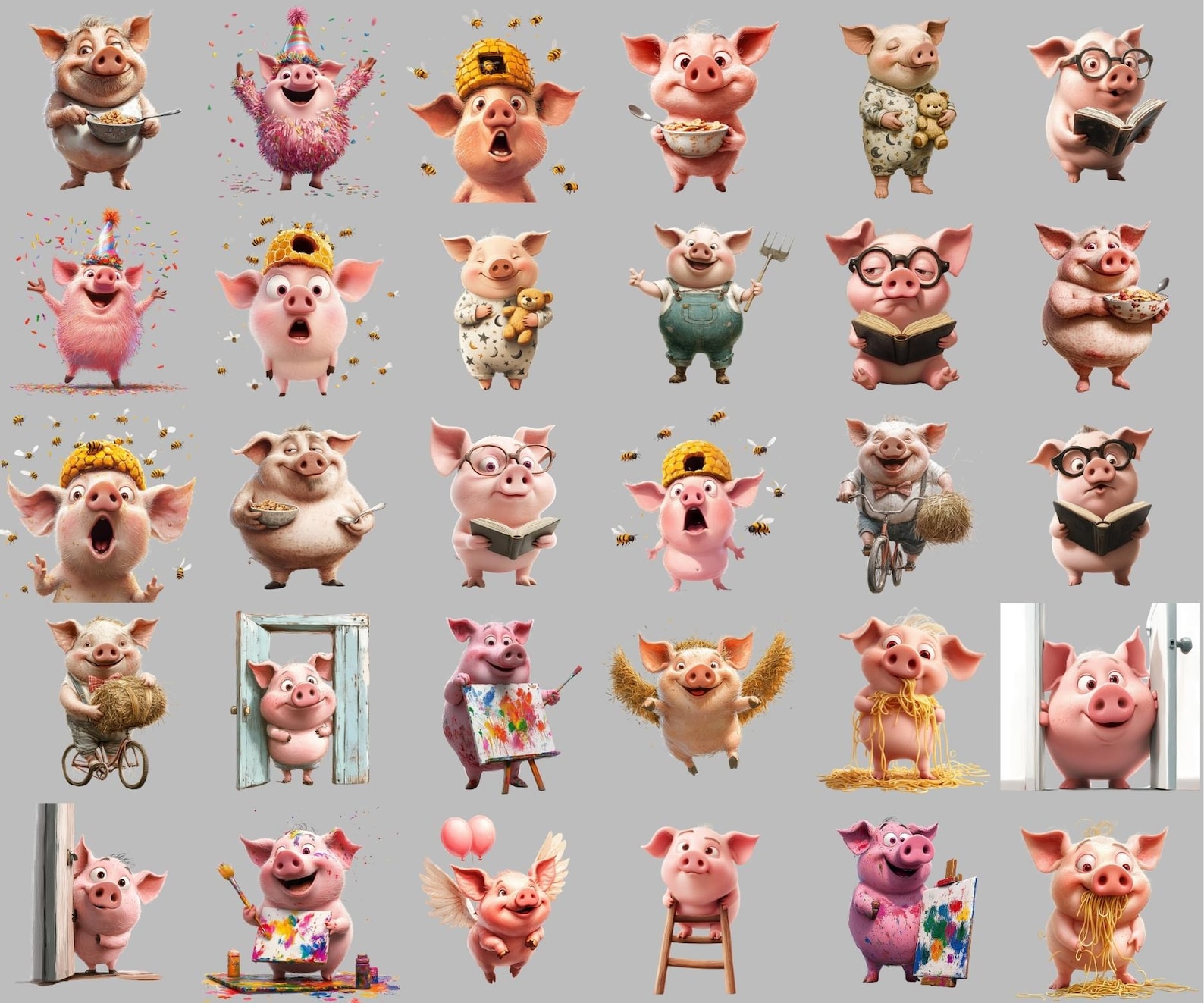 140+ Quirky Pig Clipart Bundle: Funny Animal Cartoon PNG Stickers ...