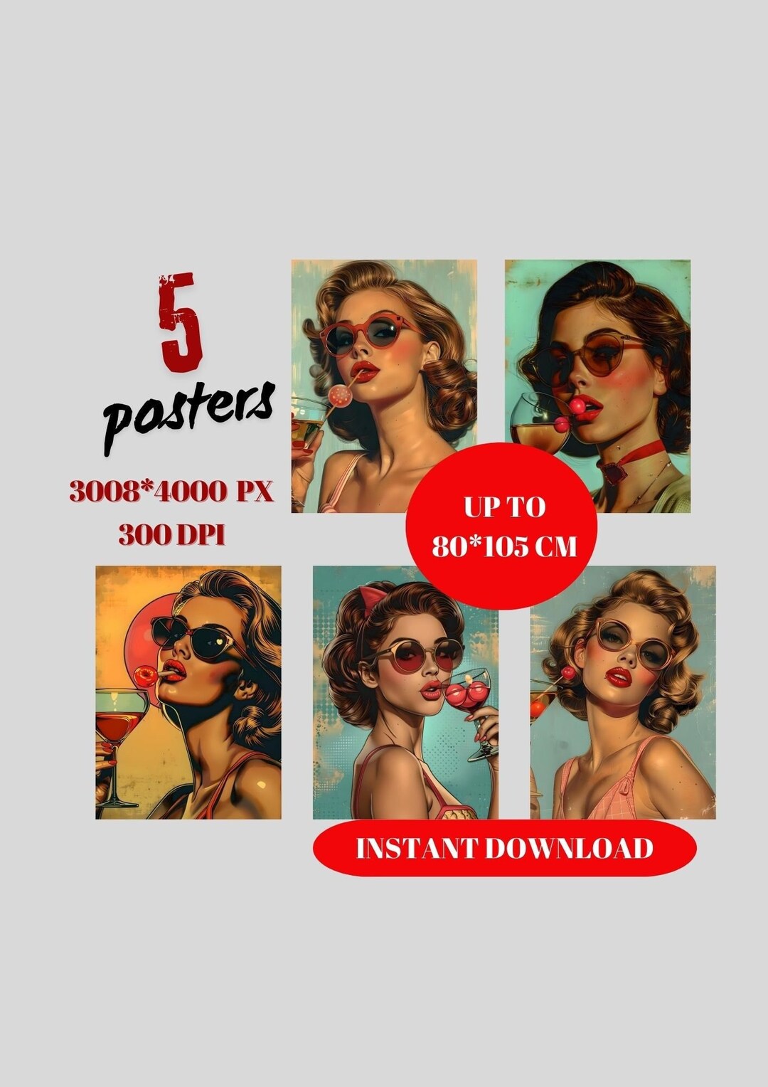 5 Posters Female Portrait / Printable Wall Art / Vintage Fashion Photo ...