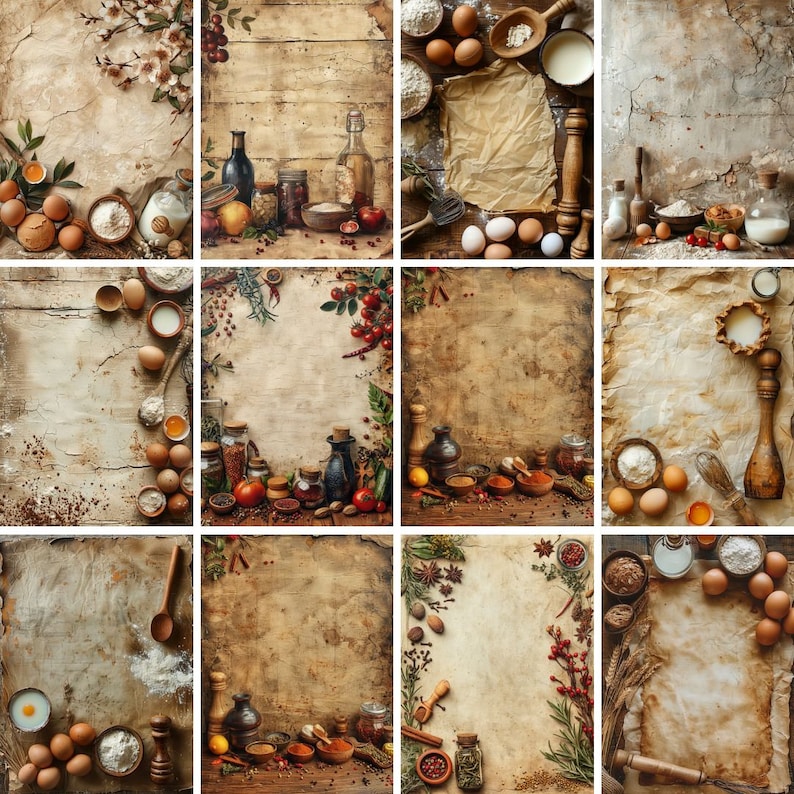 50 Vintage Kitchen Digital Paper: Savory Cookbook Backgrounds (digital ...