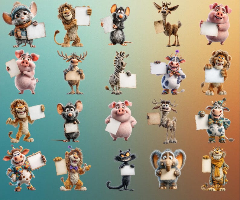 270+ Funny Animal Holding Sign Bundle, Blank Sign Clipart, Editable ...