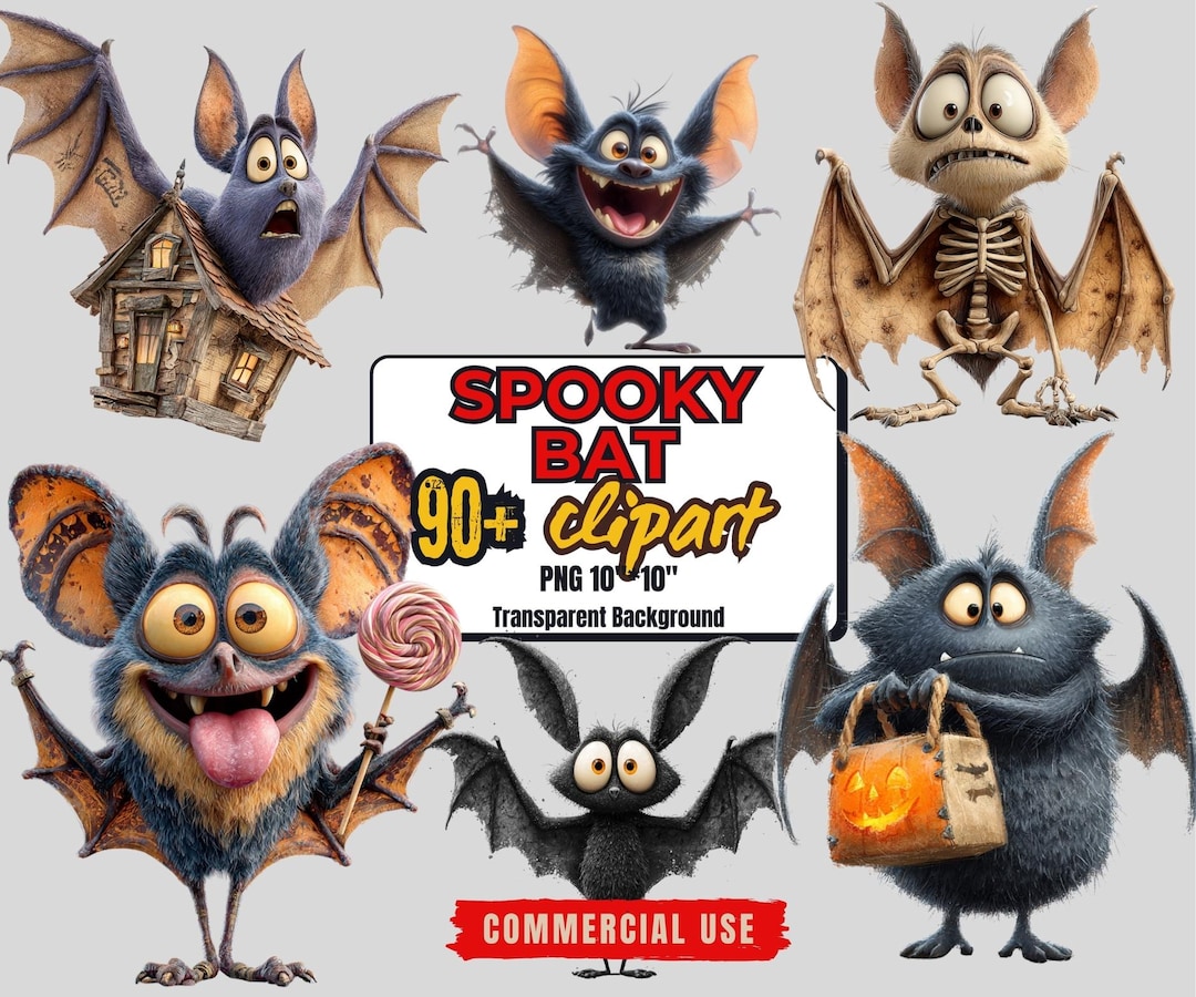 Funny Bat Clipart Bundle: Spooky Halloween PNG Graphics (commercial Use ...