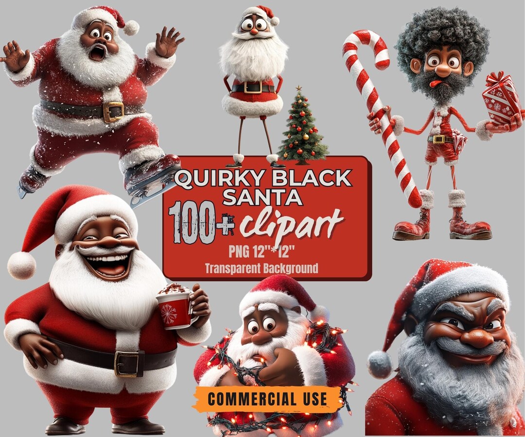 Black Santa Clipart Bundle: 100+ Quirky Pngs, Transparent Background ...