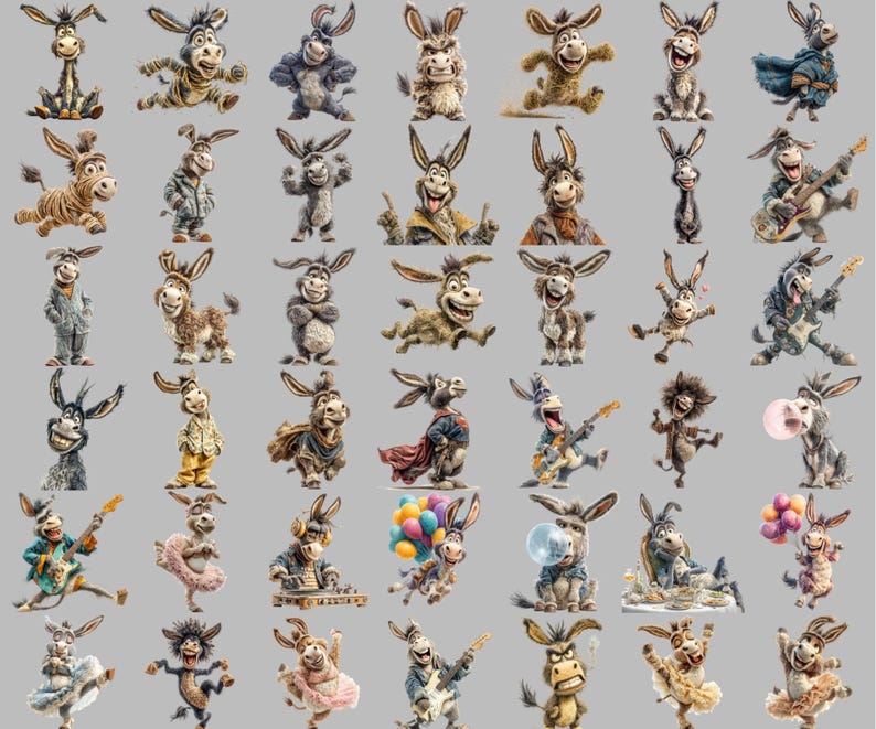 Funny Donkey Clipart Bundle – 250+ Quirky PNG Graphics (digital ...