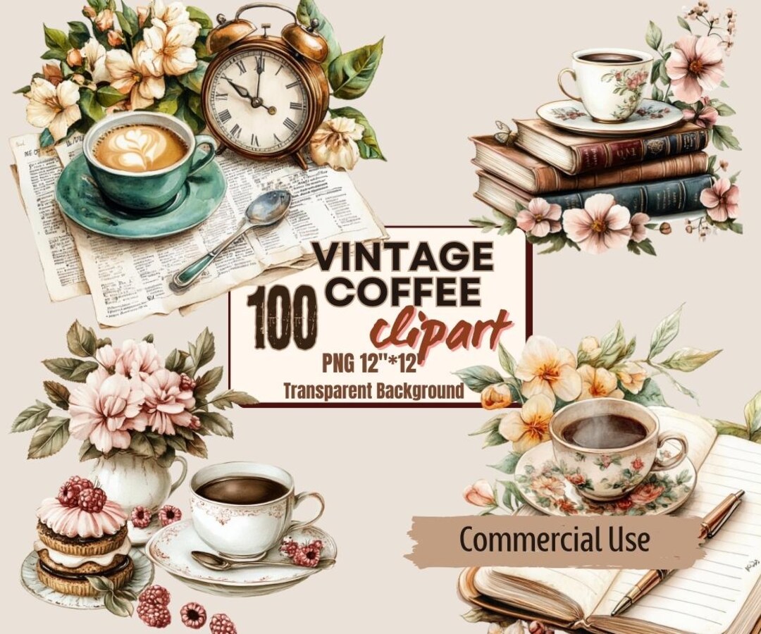 100 Vintage Coffee Clipart PNG - Vintage Coffee Flowers and Books ...