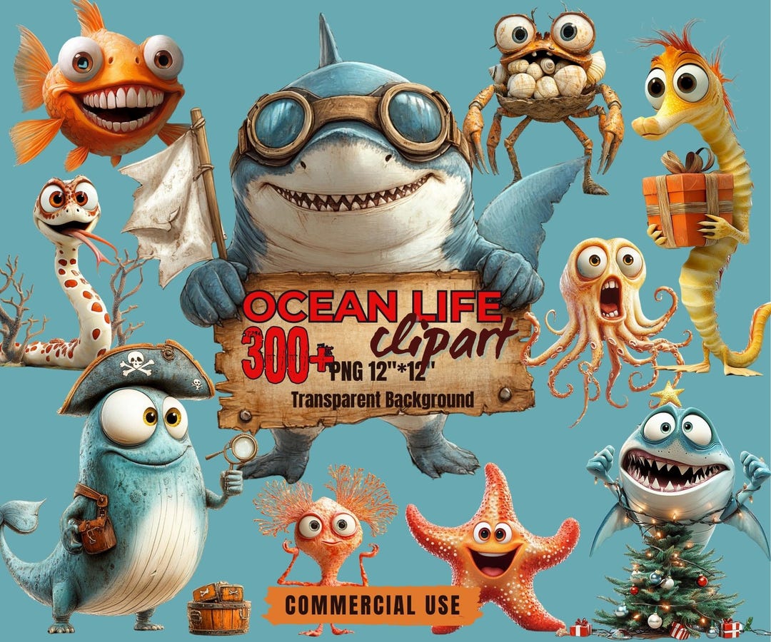 300+ Ocean Life Clipart Bundle: Whimsical Sea Creatures Pngs ...