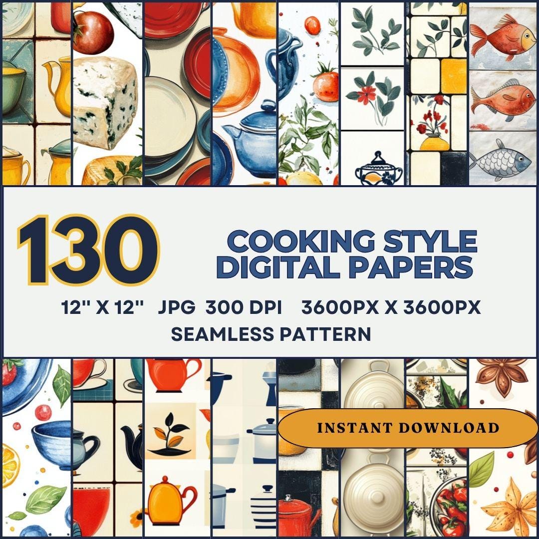 130 Cooking Tile Seamless Pattern Digital Paper: Kitchen Collection ...