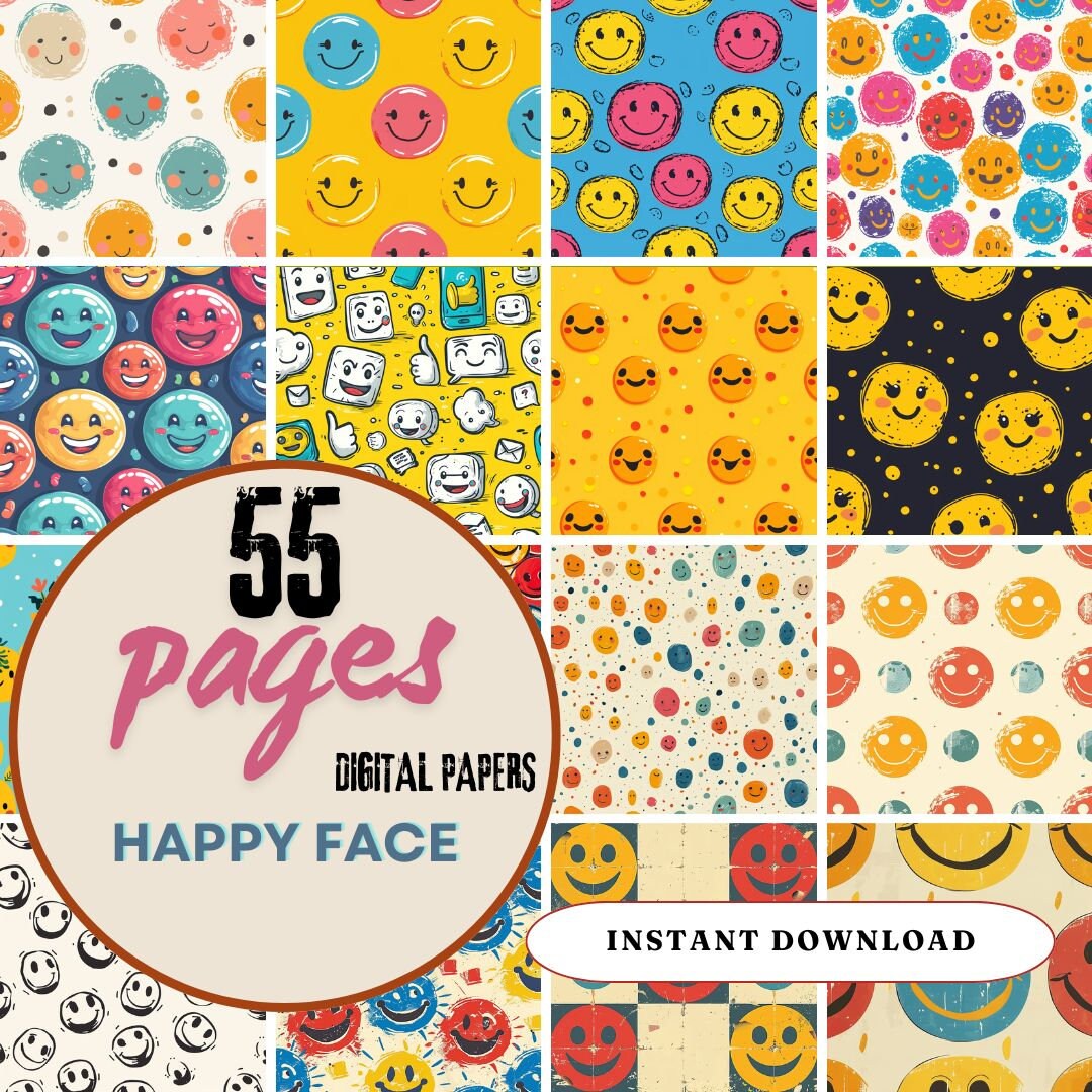 55 Pages Printable Happy Face Digital Paper, Happy Face Pattern ...