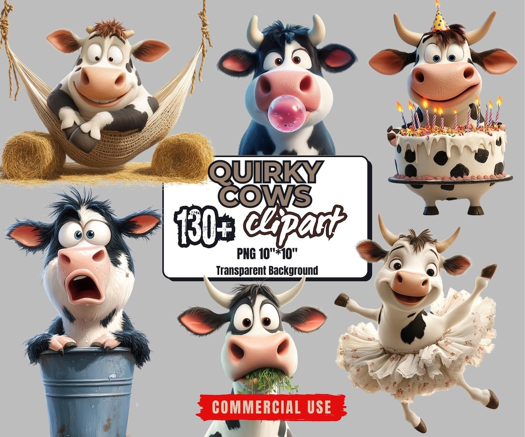 130+ Quirky Cow Clipart Bundle: Funny Cartoon PNG Stickers (commercial ...