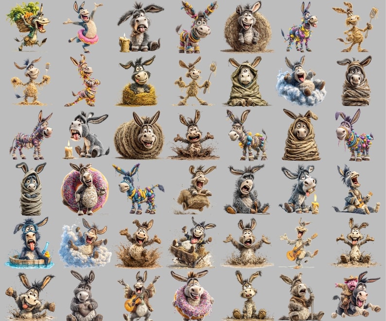 Funny Donkey Clipart Bundle – 250+ Quirky PNG Graphics (digital ...
