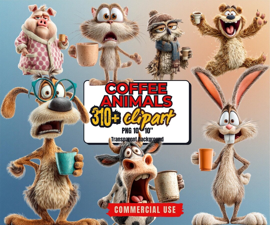 Funny Coffee Animals Clipart Bundle – Quirky Pngs for Mugs, POD - Etsy