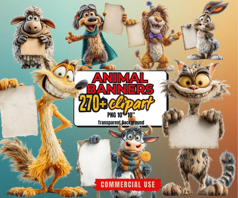 270+ Funny Animal Holding Sign Bundle, Blank Sign Clipart, Editable ...
