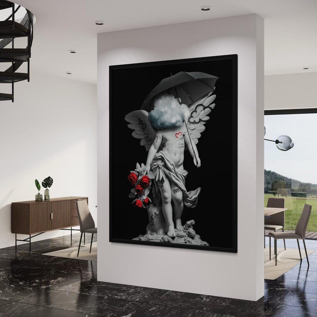 Modern Angel Wall Art Surreal Statue Canvas Print Black and White Pop ...