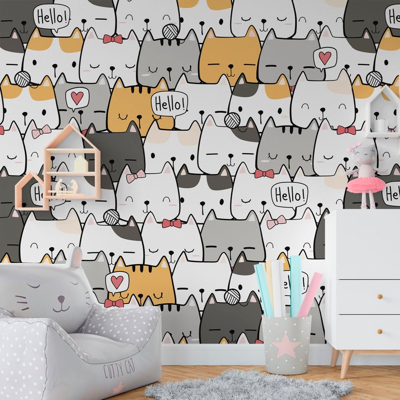 Cute Cat Wallpaper for Kids' Room Playful Animal Wallpaper for Bedrooms ...