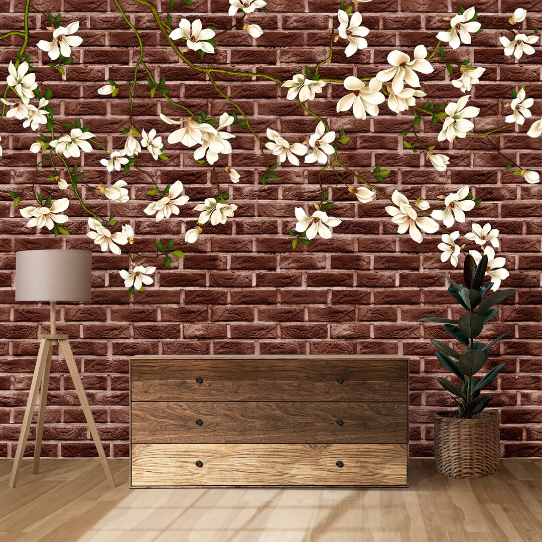 Magnolia Floral Brick Wallpaper: Seamless Peel and Stick Vinyl - Etsy